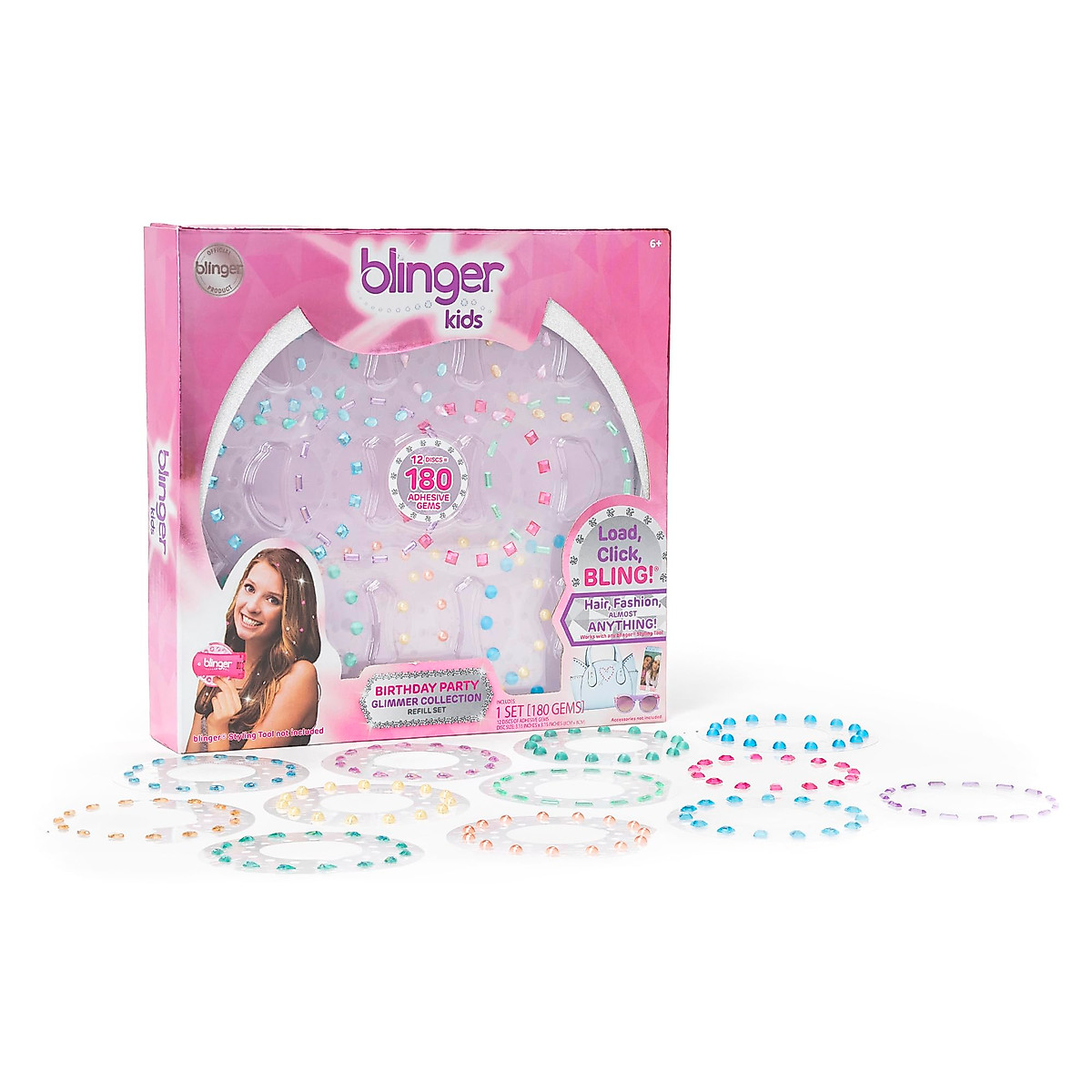 blinger Glimmer Collection Refill Pack | Birthday Party | 12 Discs – 180 Gems | Bling in Brush Out | Works with blinger Hair Styling Tool (Multicolored)