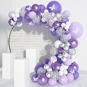 Onemere Purple Balloon Garland Kit 140 Pcs, Baby Shower Decorations for Girl with 12 Pcs Butterfly Stickers Lavender Metallic Silver Balloon Arch for Birthday Party Bridal Shower