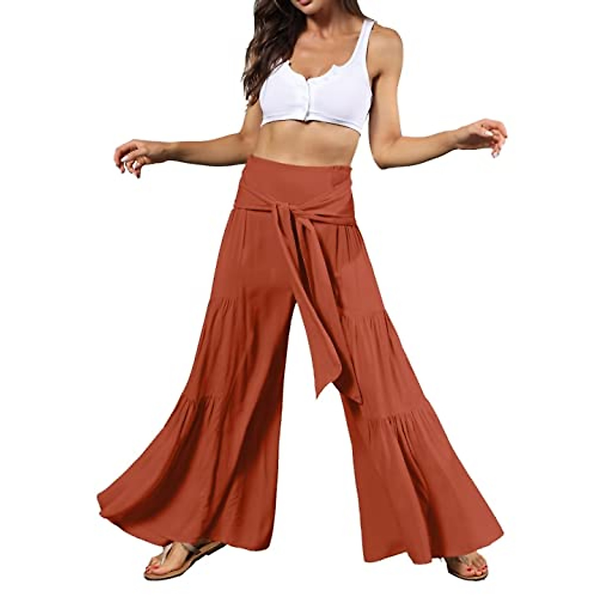 JURIS Women's Tiered Flowy Palazzo Pants Elastic High Waisted Tie Knot Loose Wide Leg Pants XL Brick Red
