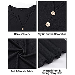 LAISHEN Women's Short Sleeve Henley V Neck Shirts Button Down Tunic Tops Casual Summer Blouse(Black,L)