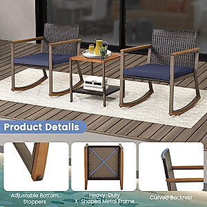 Toolsempire Outdoor Rocking Chair Set, 3 Pieces Patio Set Rocking Chair with Coffee Table & Cushions, Patio Wicker Furniture Set Outdoor Bistro Set for Balcony, Porch & Backyard (Navy Blue)