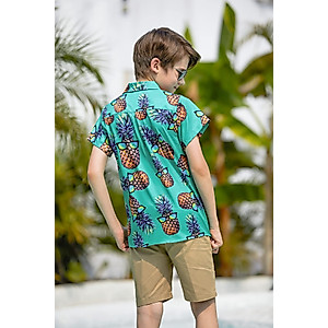 9T 10T Little Boy Green Pineapples Sunglass Hawaiian Print Dress Shirts Fancy Button-down Short Sleeves Polo Tee Shirt at School Camp Play Casual Lounging Wear Swimming Pool Outfits for Kids Children
