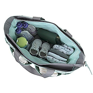 Baby Essentials Diaper Bag Tote 5 Piece Set with Sun, Moon, and Stars, Wipes Pocket, Dirty Diaper Pouch, Changing Pad (Grey/Aqua)