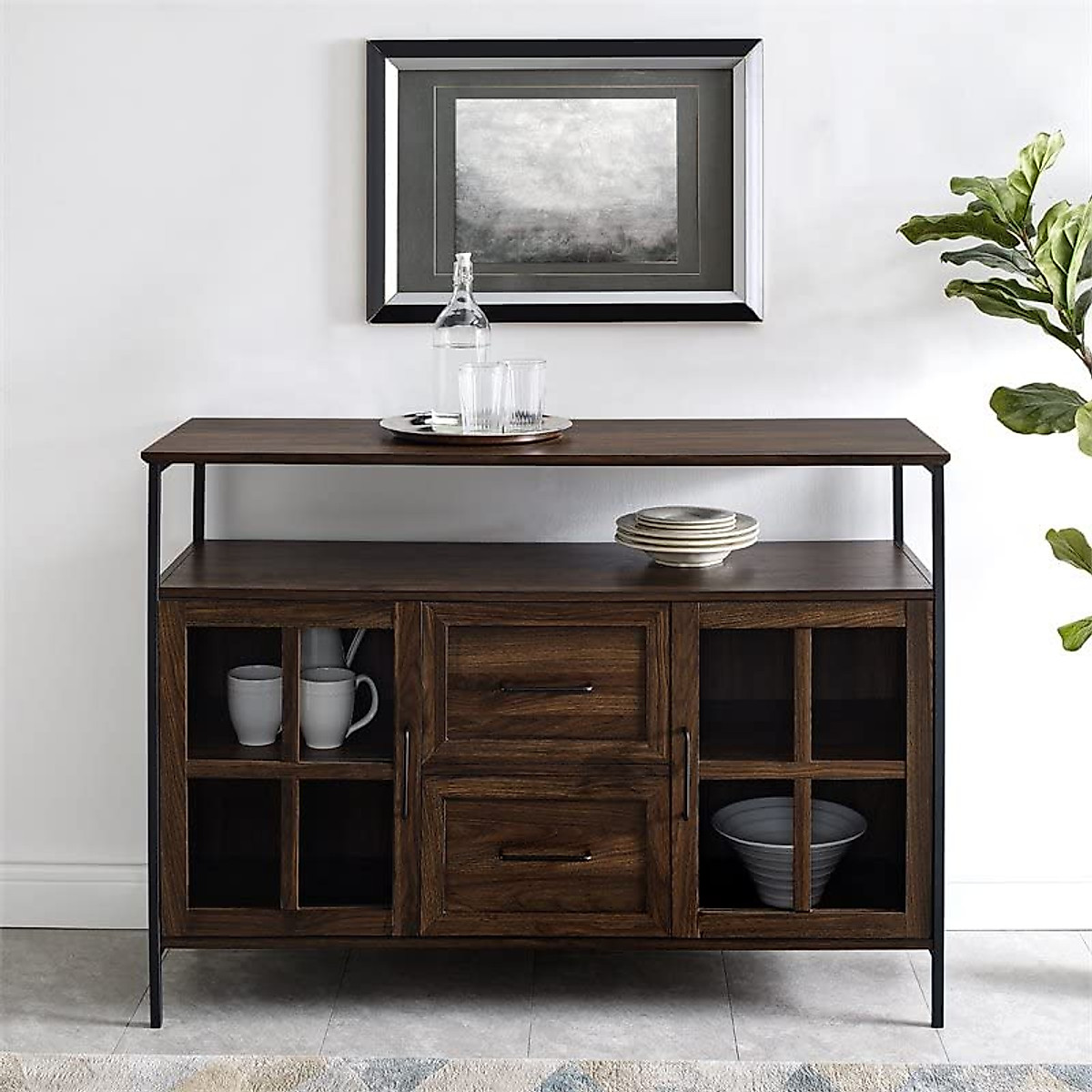 Walker Edison Furniture AZU48RAD3DDW Industrial 3-Door Buffet Sideboard for Kitchen-Dining Room, 48, Dark Walnut
