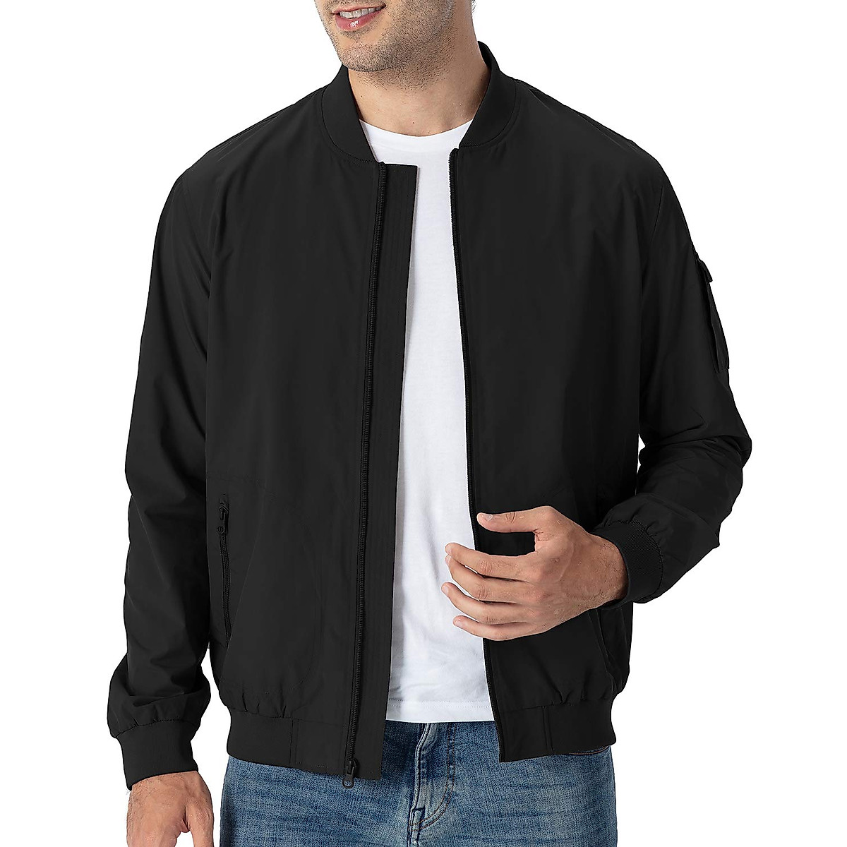 TBMPOY Men's Lightweight Bomber Jackets for Men Windproof Windbreaker Jacket Track Spring Casual Jackets Outdoor Coat Black L