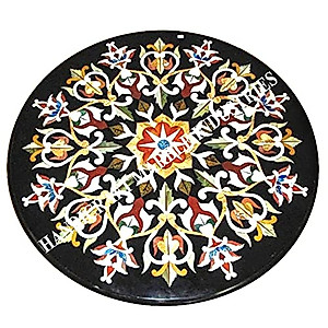 Black Marble Inlay Coffee Table Top, Pietra Dura Dining Table Top, Stone Inlaid Wall Decor, Centre Piece, Piece Of Conversation