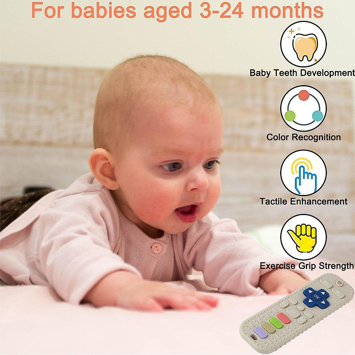 AIZIXIN 2 Pack Soft Silicone Baby Teething Toys,TV Remote Control Teething Toys for Babies 3-24 Months, BPA Free Baby Teethers Relief Soothe Toys, Baby Chew Toys for Toddlers Boy Girl(Beige&Black)