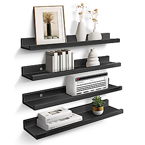CLKFDCH 4 Sets Black Floating Shelves for Wall 24 Inches Long Wood Wall Shelves with Lip Picture Ledge Shelf for for Wall Decor Storage Bedroom Living Room Bathroom Kitchen (Black)