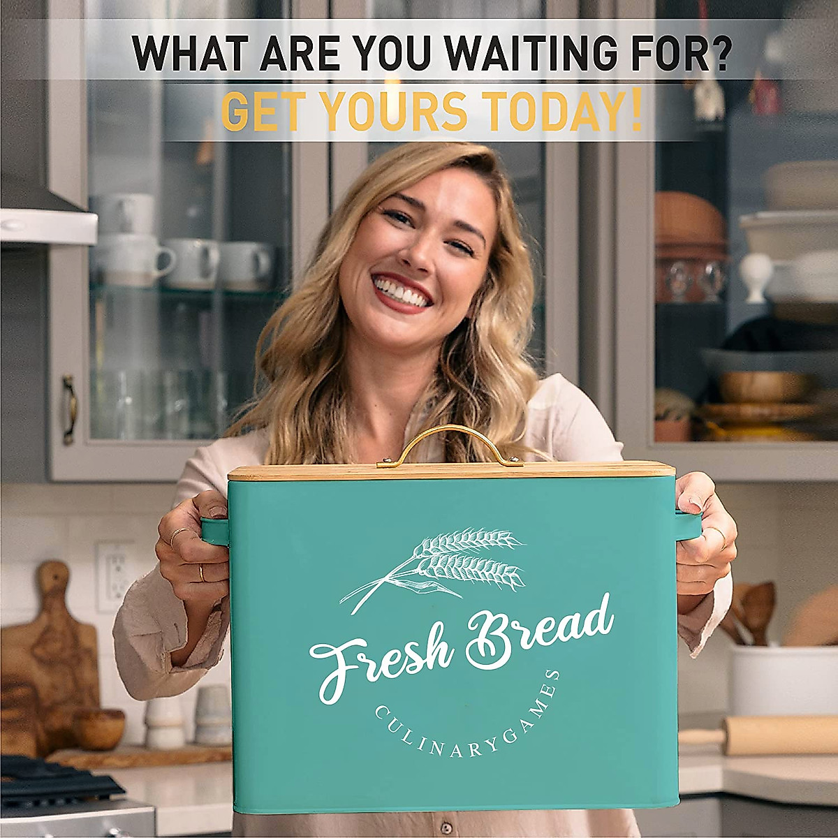 CULINARYGAMES Extra Large Bread Boxes for Kitchen Counter Fits 3+ Loaves - Ideal Farmhouse Bread Box for Storage and Organization - Modern Turquoise Bread Box - Vintage Breadbox for Fresher Goods