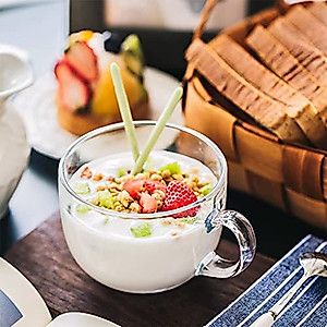 YAMSH Large Clear Glass Coffee Mugs Set of 2,14.8 oz(440ml)-Wide Mouth Tea Cups with Handle and Spoon Transparent Drinking for Cappuccino Cups, Latte, Milk color 4 Piece