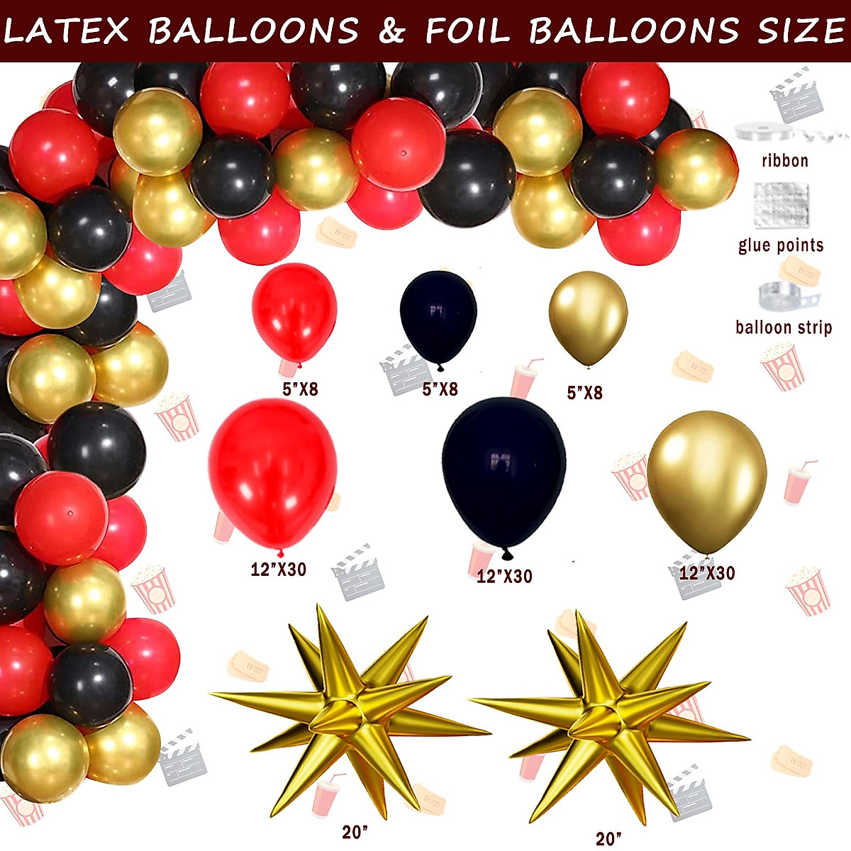 Hombae Movie Night Birthday Party Decorations, Movie Theater Hollywood Cinema Themed Birthday Party Backdrop Balloon Garland Banner Tablecloth Cake Cupcake Topper Poster Clapboard