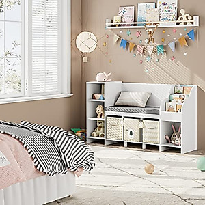 HOUSUIT Kids Bookshelf with Reading Nook, Bookcase with Seat Cushion and Adjustable Shelf, Storage Bench with Book Rack for Bedroom, Entryway, Playroom, 15.7" D x 54.5" W x 31.5" H, White