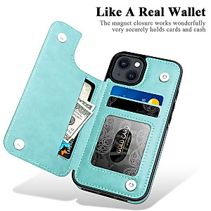 MMHUO for iPhone 14 Case with Card Holder, Flower Magnetic Back Flip Case for iPhone 14 Wallet Case for Women, Protective Case Phone Case for iPhone 14,Mint