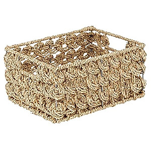 mDesign Seagrass Rose Weave Household Basket with Built-in Handles for Storage in Bedroom, Bathroom, Office - Hold Clothes, Blankets, Linens, Accessories, 3 Pack - Natural/Tan