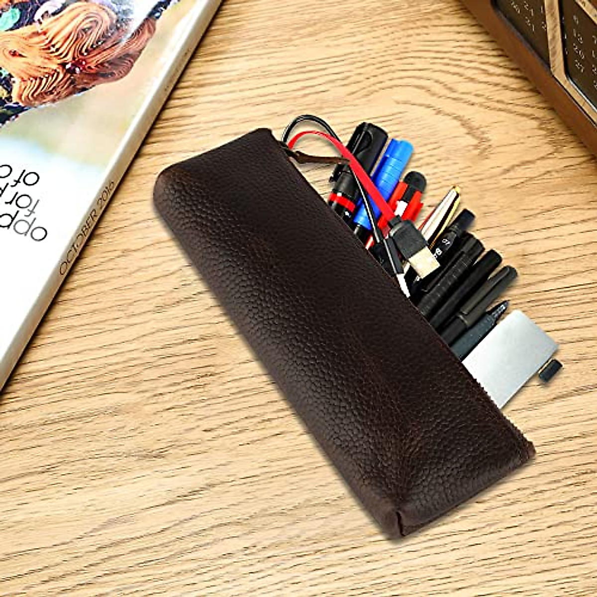 CestAntiQ, Genuine Leather Pen Pouch | Pencil Pouch | Zippered Pen Holder Pouch Craft Tool holder for School, Work & Office | Handy Pen Case | Classic Work Accessories | Brown Handmade Carry On Pouch