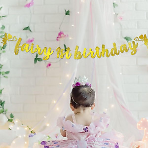 Fairy 1st Birthday Party Decorations,Golden glittery Fairy Happy 1st Birthday Party Supplies,Fairy Party Garden Decoration for Fairy Theme Birthday Party, 1st Anniversary Party Decorations Supplies