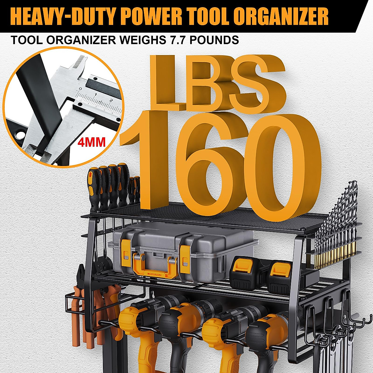 Kayfia Power Tool Organizer Wall Mounted 3 Layer Garage Organization Floating Cordless Drill Holder Heavy Duty Tool Organizers and Storage with Screwdriver/Plier/Hammer/Bit Holder Father's Day Gifts