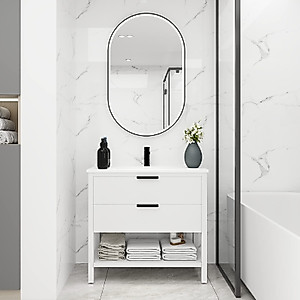 LVTFCO 36" Modern Freestanding Bathroom Vanity with 2 Drawers and Open Style Shelf, Bathroom Vanity Sink Combo with Plywood Pedestal and Resin Sink for Apartment Dorm Contemporary Bath (White)
