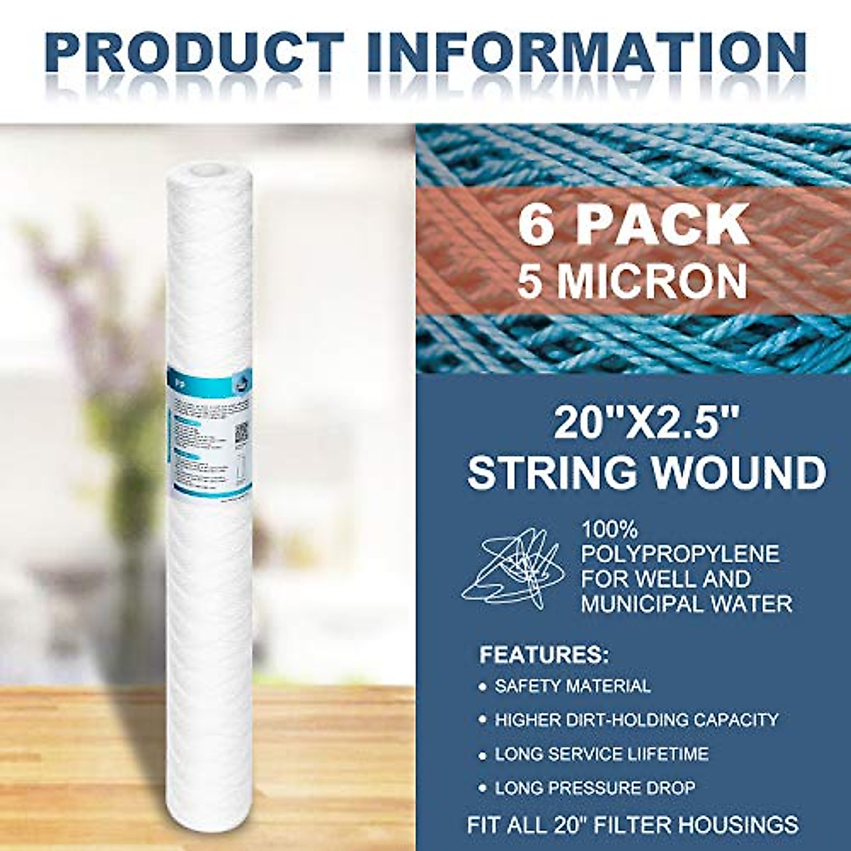 Membrane Solutions 5 Micron 2.5" OD x 20" Length Sediment Water Filter String Wound Polypropylene Cartridge for Whole House Filter Systems - 6 Pack
