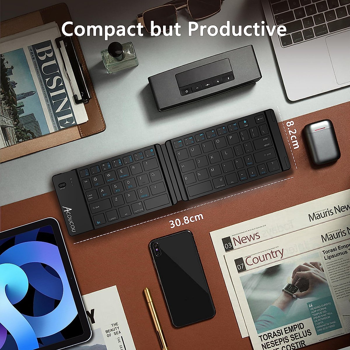 Acoucou Mini Bluetooth Keyboard Wireless Foldable Keyboard, Rechargeable Bluetooth Keyboard Portable Pocket Size Keyboard, Compatible with MAC/iOS, Windows, Android Smartphones, Tablets, Laptops etc.