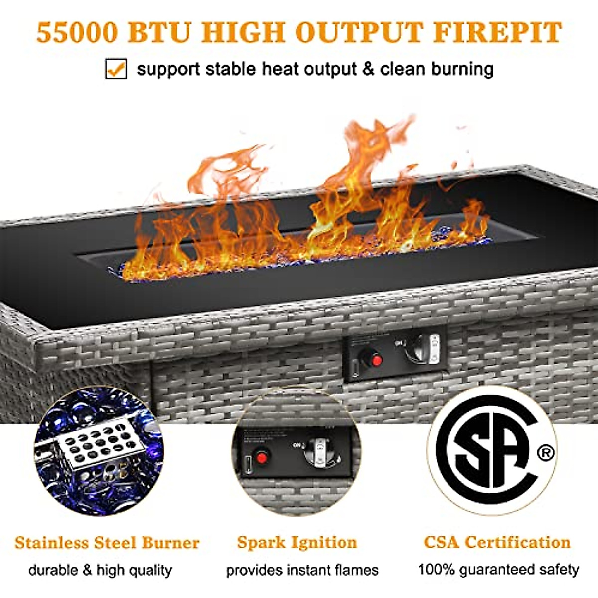 LayinSun 44" Propane Gas Fire Pit Table, 55000 BTU Rectangular Fire Pit with Glass Wind Guard for Outside Patio Deck Garden Backyard