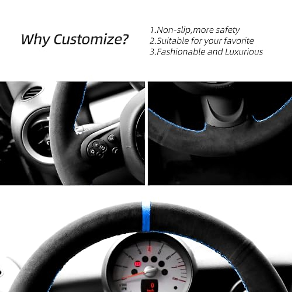 Alfanxi Hand Stitch Alcantara Steering Wheel Cover Compatible with Mini Cooper/Cooper S One (Blue Stripe)