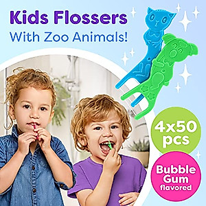 Kids Flossers 4 Pack (200 Total), Kids Floss Picks, Flossers Kids, Floss for Kids, Cute Animal Shapes, Glides Easy Between Teeth, Flosser Helps Prevent Tooth Decay & Gum Disease, Bubble Gum Flavored