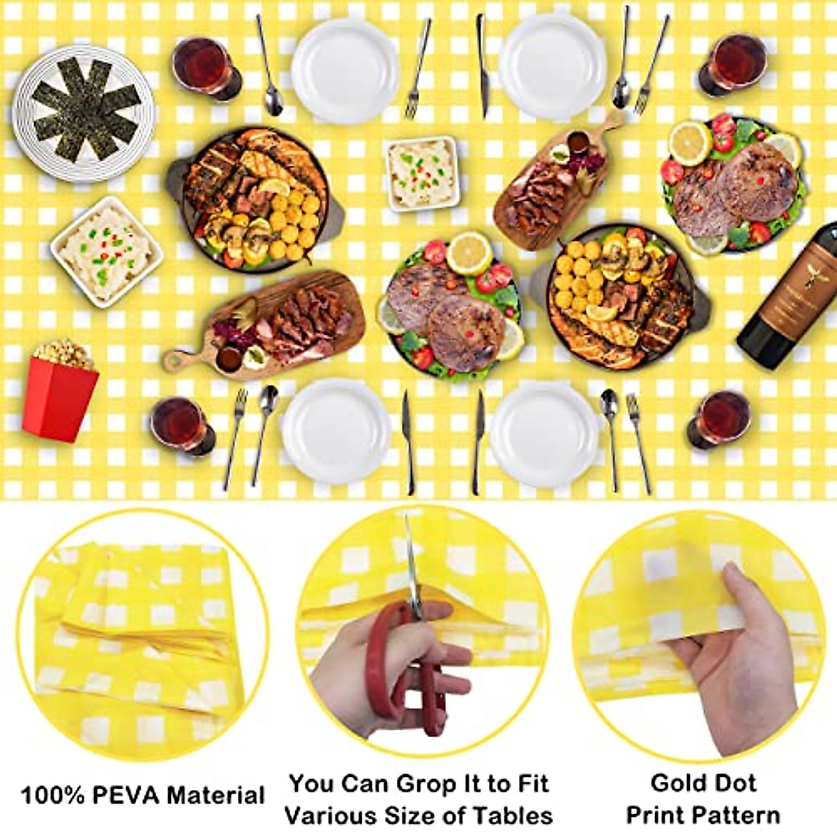 HEIPINIUYE 3 Pack White and Yellow Checkered Tablecloth 54 X108 Waterproof Disposable Gingham Table Cover Rectangle Plastic Table Cloths for Party Birthday Camping Wedding Picnic Baby Shower