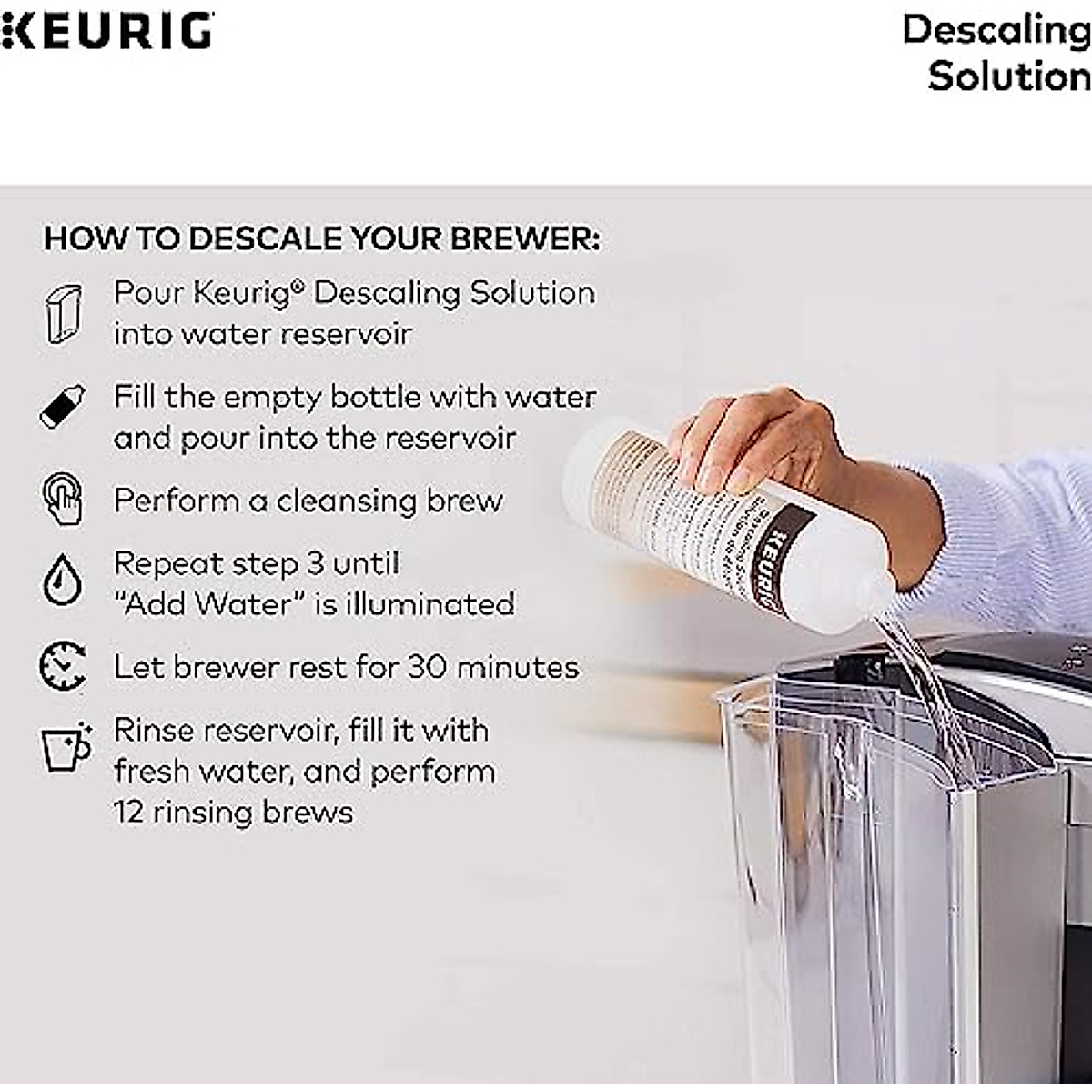 Descaling Solution for Keurig Coffee Machines with Free Direct Coffee Tea Est 2019 Sticker