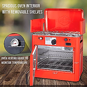 Hike Crew Outdoor Gas Camping Oven w/Carry Bag | 2-in-1 Portable Propane-Powered Stovetop & Oven w/ 2-Burner Cooktop Range, Auto Ignition, Overheat Safety Shutoff, Built-In Thermometer, Hose Regulator