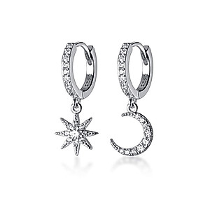 SLUYNZ 925 Sterling Silver Sparkling CZ Star Moon Small Hoop Earrings for Girls Women Asymmetric Star Moon Huggie Earrings (A-Silver)