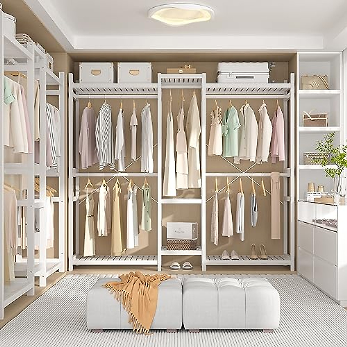 Homykic Bamboo Clothes Rack, Large Closet System Clothing Rack for Hanging Clothes, Freestanding Garment Rack with Shelves and 5 Rods, Open Wardrobe Organizer with 4 Hooks, 70”Wx77”H, White