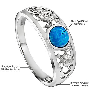 Sterling Silver Opal Two Sea Turtles Tapered Wedding Ring Eternity Band for Women, Hawaiian Island Tropical Ocean Jewelry Gemstone, Gift Box Included (Blue Opal, 8)