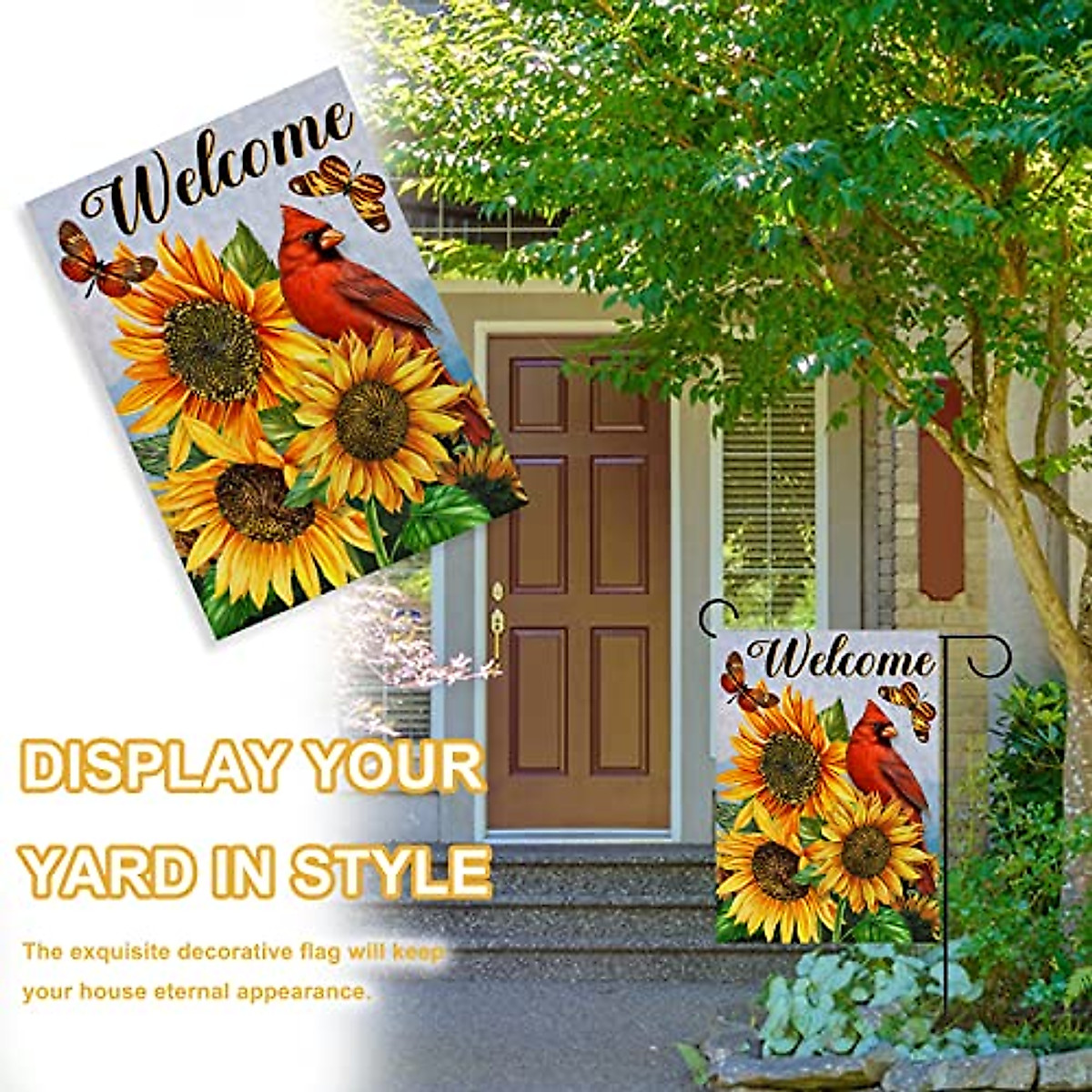 Covido Home Decorative Welcome Spring Summer Cardinal Sunflower Garden Flag, Yard Red Bird Outside Decoration, Fall Autumn Outdoor Small Burlap Decor Double Sided 12 x 18