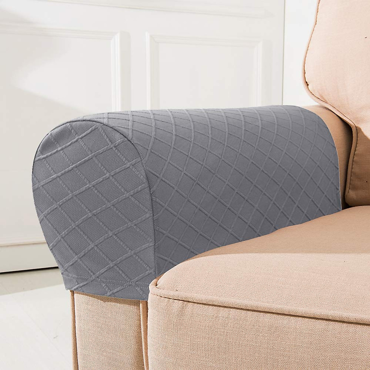 XMNTG Set of 2 Stretch Armrest Covers Jacquard Light Grey Armrest Covers Anti-Stain Washable Arm Covers Furniture Protector Arm Covers for Chairs Sofa Recliner Sofa Couch (Light Grey)