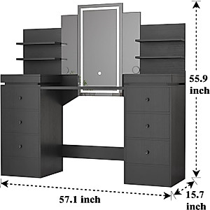 57.1" W Vanity Makeup Table with Lighted Mirror Table with Tri-Folding Mirror, 8 Drawers, 3 Light Modes, Open Storage Shelves, Vanity Table as Gifts for Girls/Women Vanity must Haves White (White)
