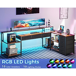AODK 79" L Shaped Desk with 7 File Drawers, L Shaped Computer Desk with 2 Power Outlets & Monitor Shelf, Home Office Desk with Storage Shelves, Reversible Gaming Desk with LED Light, Vintage