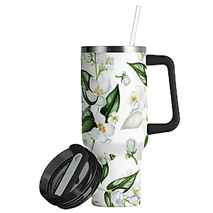 Yasala Car Tumbler with Handle White Flower Green Leaves Travel Mug Coffee Cup Insulated Beverage Container Mega Cup for Hot Cold Drinking Thermos Water Bottle Cupholder Friendly 40 oz
