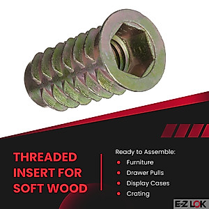 E-Z LOK Knife Threaded Insert for Soft Wood, Zinc Hex-Flanged Thread Inserts 3/8-16 Internal Threads, 25mm Length Pack of 25