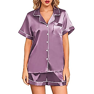 Women's Silk Satin Pajamas Set Short Sleeve Sleepwear Two Piece Button Down Pj Set with Pockets Violet