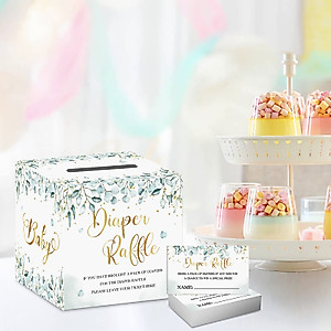 WideIdeal 51Pcs Diaper Raffle Sign, Baby Shower Game Diaper Raffle Card Box Party Decorations Game Kit (1 Raffle Box + 50 Cards) Neutral Greenery WI01