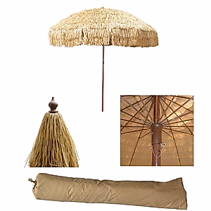 Artist Unknown 8' Wide Hawaiian Tiki Beach Umbrella with Fiberglass Rib & Aluminum Pole, Natural, Adult