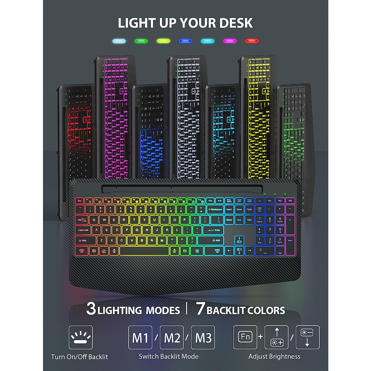 Wireless Keyboard and Mouse with 9 Colored Backlit, Wrist Rest, Jiggler Mouse, Rechargeable Silent Ergonomic Light Up Keyboard Mouse Combo with Phone Holder for Windows, Mac, PC, Laptop