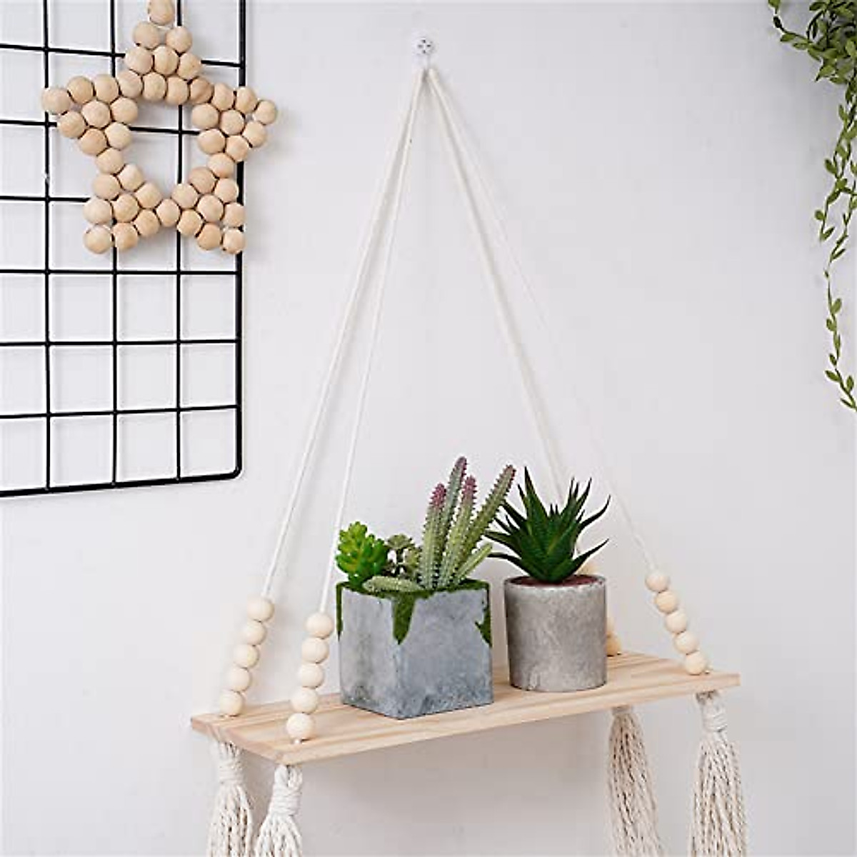 saved 2 Pack Wooden Wall Hanging Shelves - Macrame Hanging Plant Shelf with Tassel,Boho Storage Floating Shelves Handmade Rustic Hanger Planter Rack Pot Stand Holder for Bedroom Bathroom Living Room