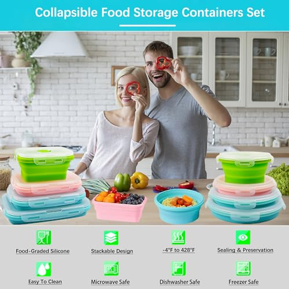 LYASILGC Set of 8 Collapsible Silicone Food Storage Containers, Collapsible Bowls with Airtight Lids, Flat Stacks, Meal Prep, Lunch Box Container, RV Organization And Storage