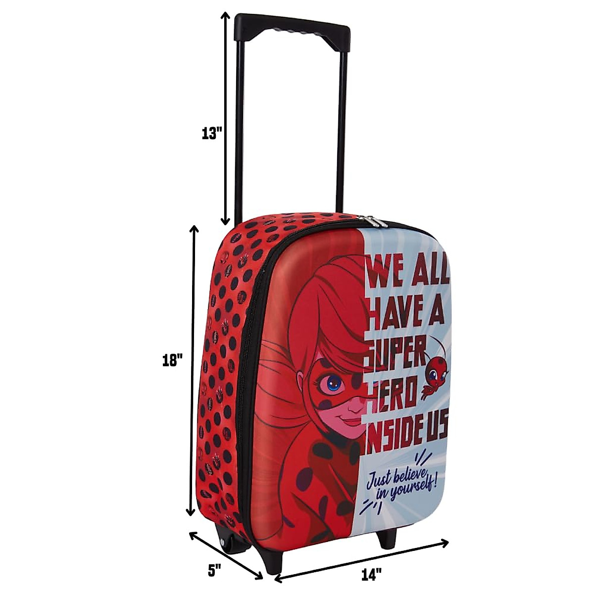 Miraculous Ladybug Carry On Rolling Kids Luggage with Wheels for Girls, 18 Inch, Superhero Lady Bug Convertible Duffle Bag with Side Handle