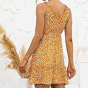 Casual Beach Dresses for Summer Ruffled Floral Women's Dress Dexy Mini Suspender Dress V-Neck Women's Dress (Orange, M)