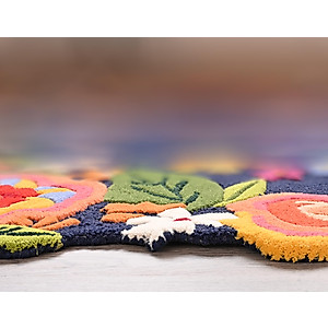 Handmade Colorful Roses Floral Wool Area Rug | Irregular Shape, Blossom & Vibrant Multi-Colored Garden Flower Pattern | Thick & Soft Carpet for Living, Bedroom & Kitchen Deco (Navy, 5' x 8')