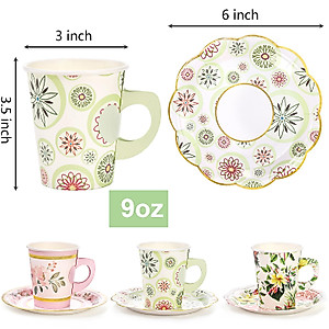 Yarlung 96 Pcs Paper Tea Cups and Plates, Disposable 9oz Teacups with Handle 6 Inch Saucers Sets for Tea Party Decorations, Mother's Day, Birthday Favors, Floral 3 Designs