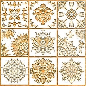 9 Pack (12x12 Inch) Large Reusable Stencil Mandala Stencil Laser Cut Painting Template for Floor Wall Tile Fabric Furniture Stencils Painting